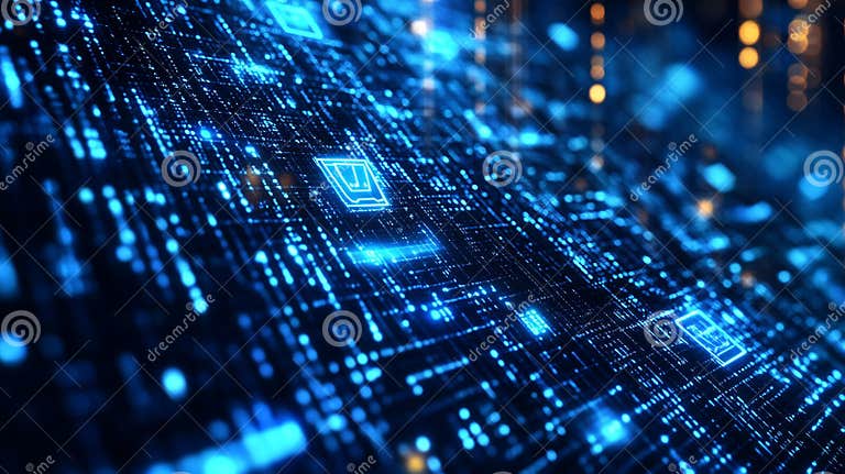 High-Tech Digital Graphic with Blue Coding and Network Symbols, Featuring a Cybersecurity ...