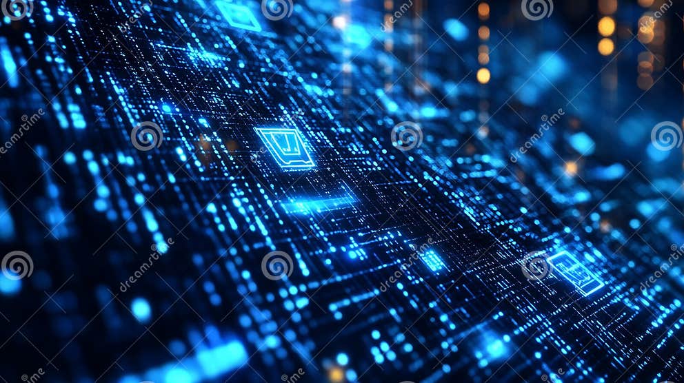 High-Tech Digital Graphic with Blue Coding and Network Symbols ...