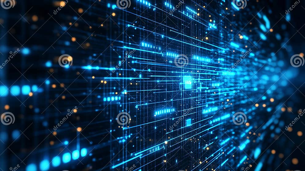 High-Tech Digital Graphic with Blue Coding and Network Symbols ...