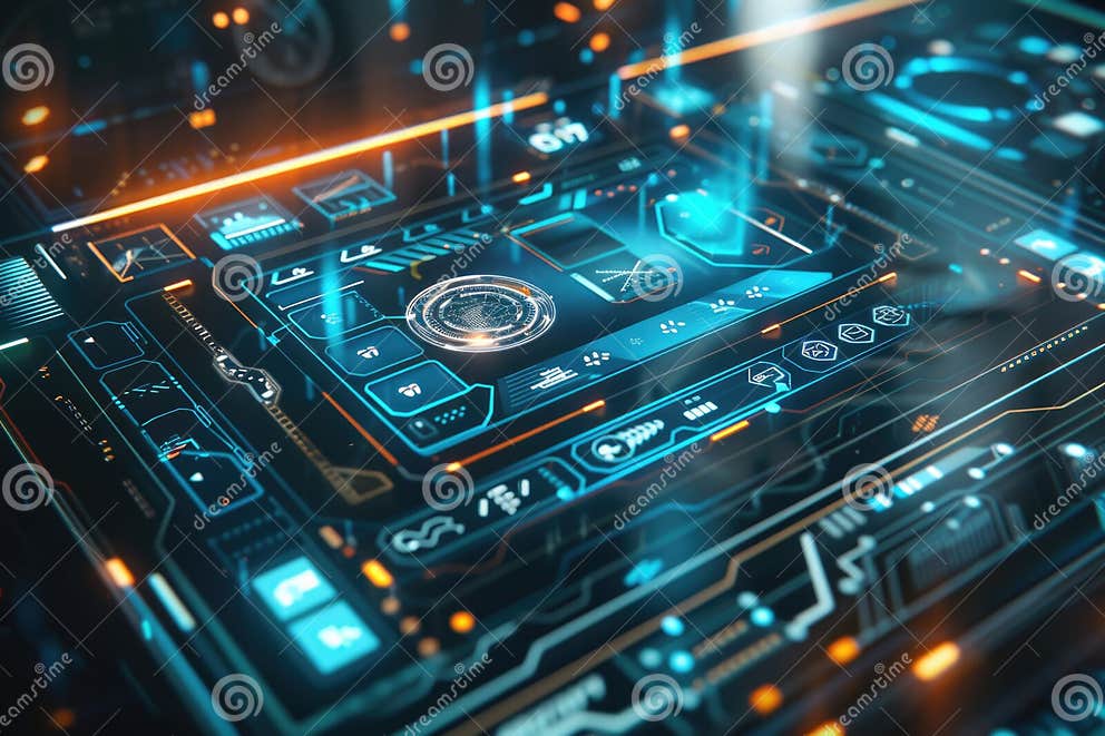 High-tech Digital Interface Featuring Neon Blue and Orange Elements ...