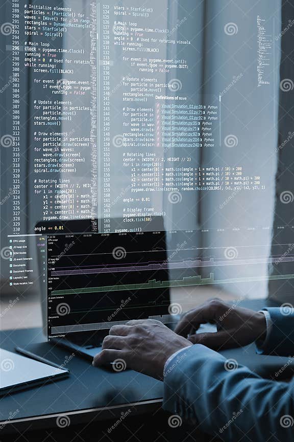 High-tech Digital Workspace with Fictional Programming Elements, Artificial Intelligence Scripts ...