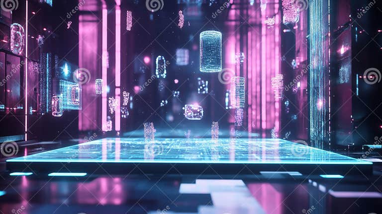 A High-tech Display Platform with a Reflective Surface, Illuminated by ...