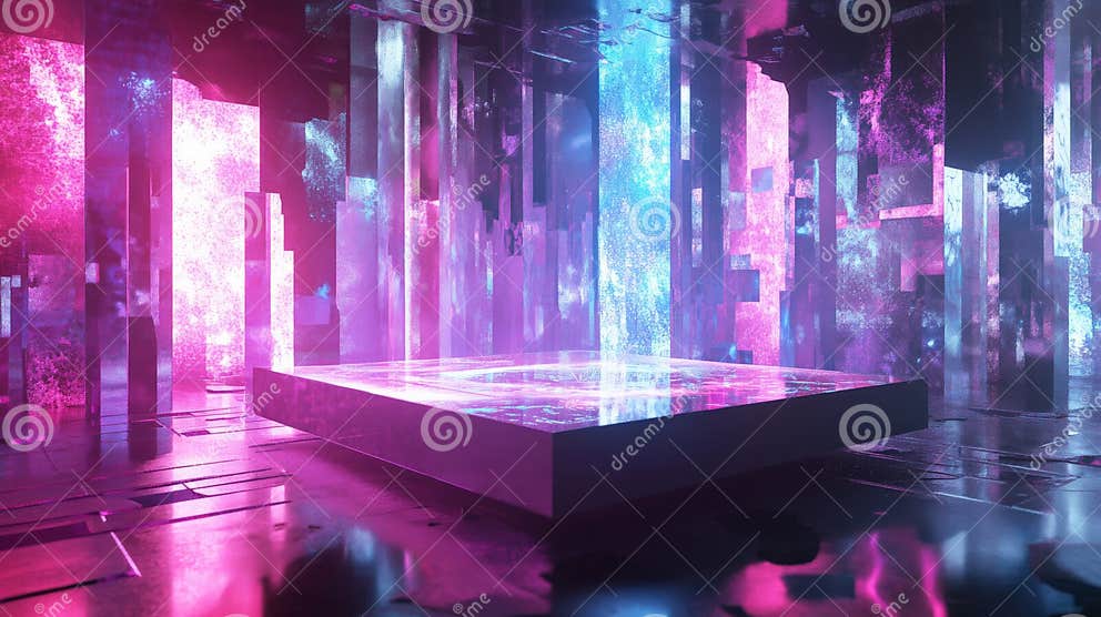 A High-tech Display Platform with a Reflective Surface, Illuminated by ...