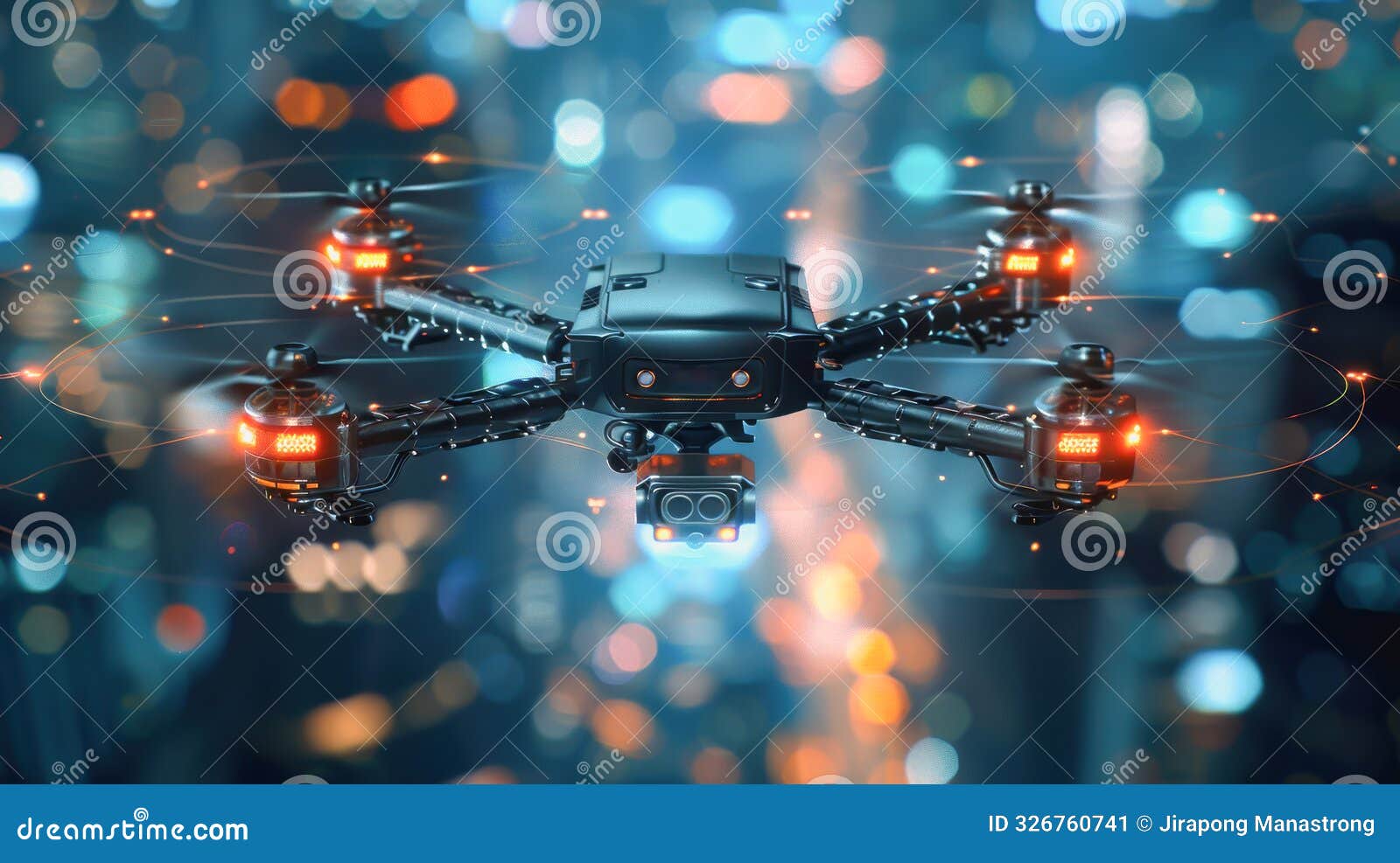 High-tech Drone Flying in Digital Network, Blue Neon Lights, Abstract ...