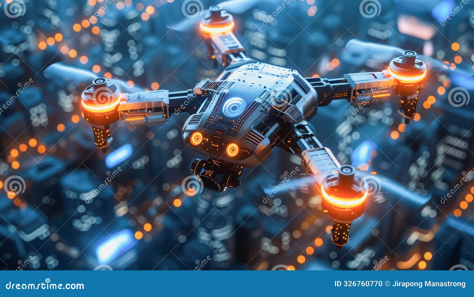High-tech Drone Flying in Digital Network, Blue Neon Lights, Abstract ...
