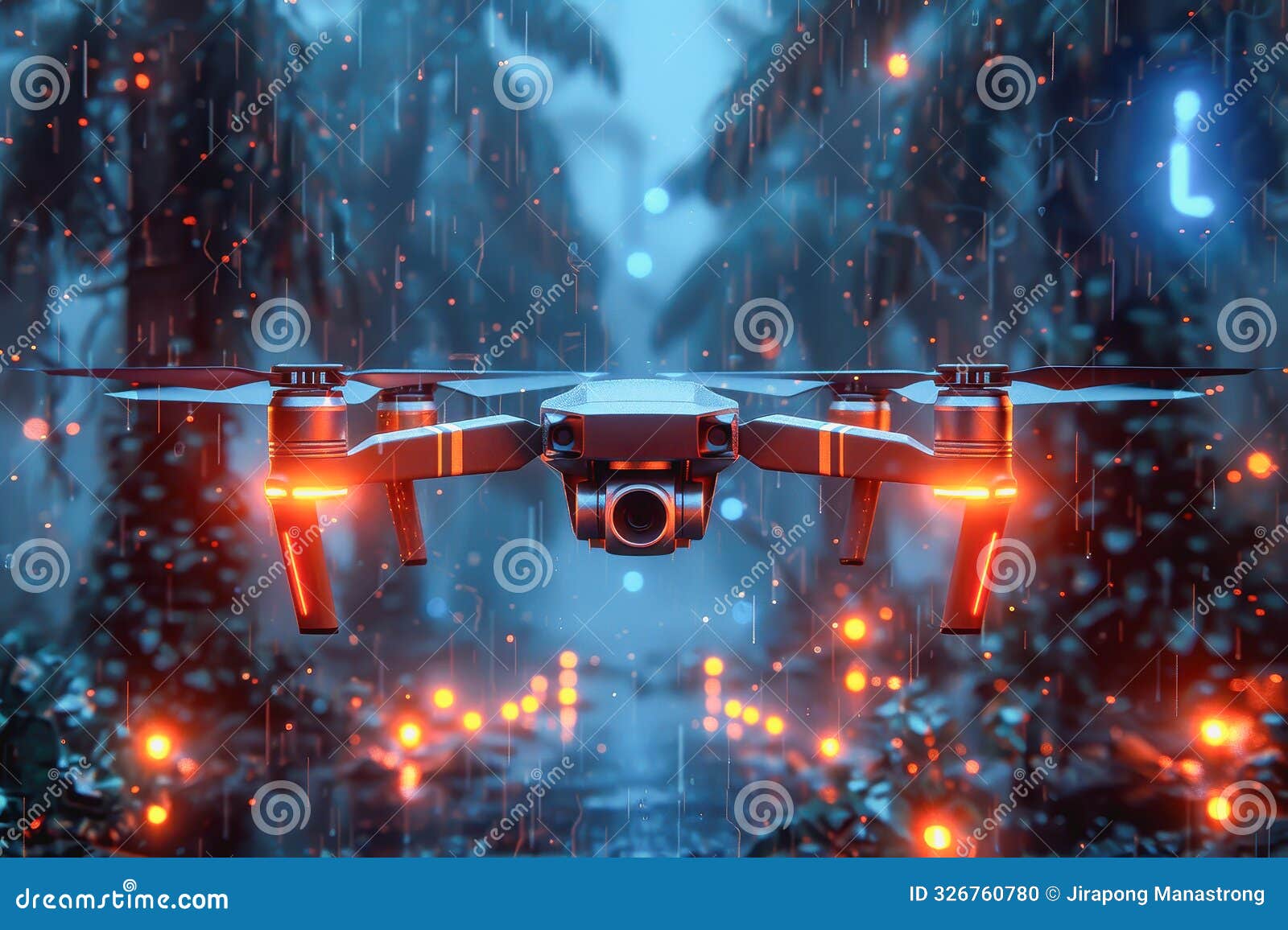 High-tech Drone Flying in Digital Network, Blue Neon Lights, Abstract ...