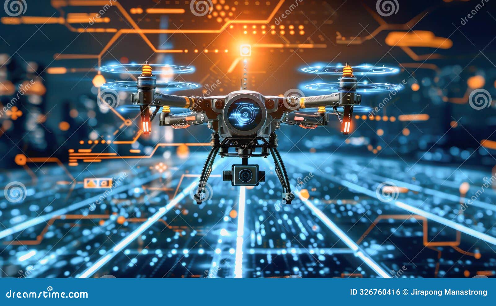 High-tech Drone Flying in Digital Network, Blue Neon Lights, Abstract ...