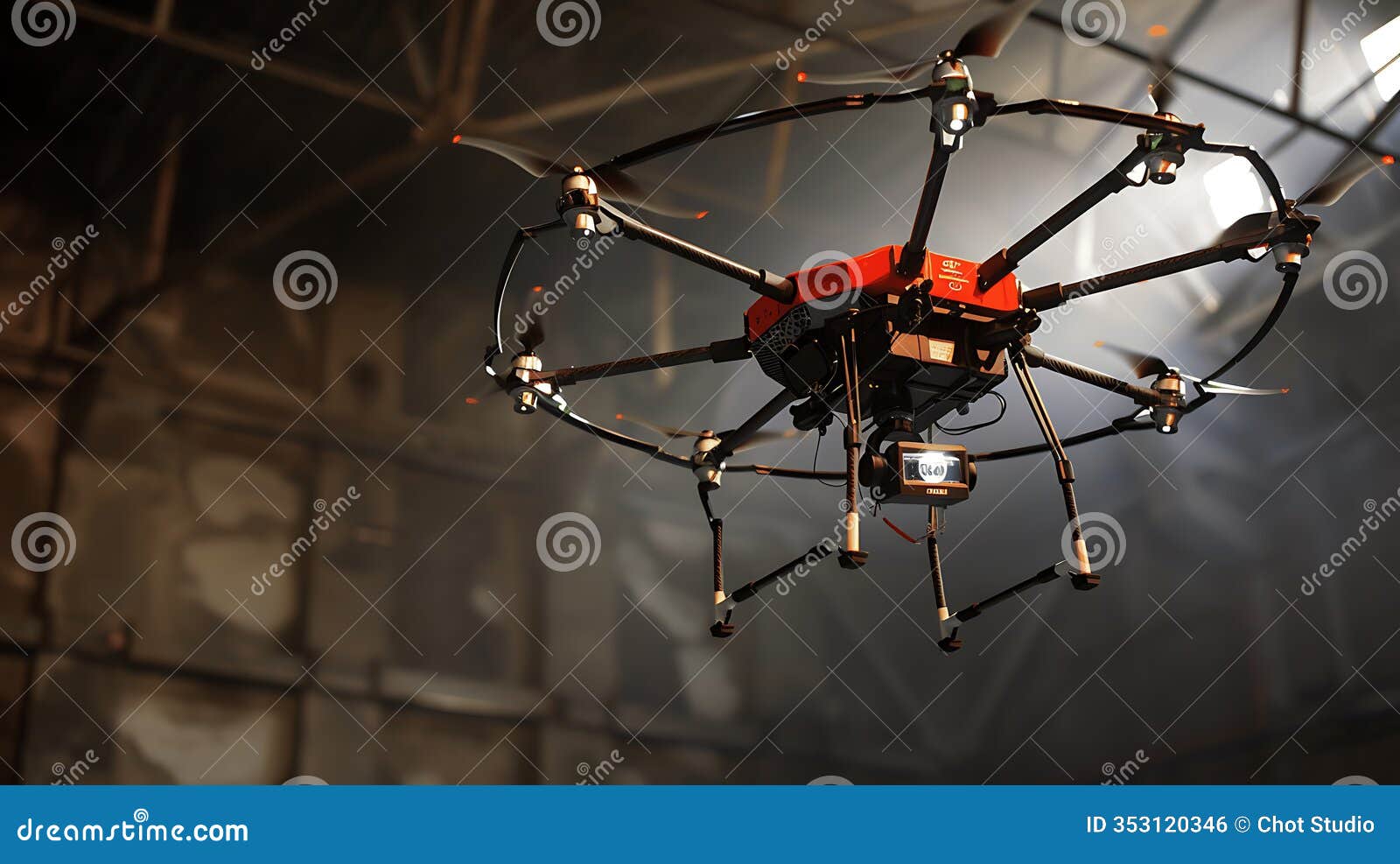High-Tech Drone Flying Inside an Industrial Warehouse with Focus on ...