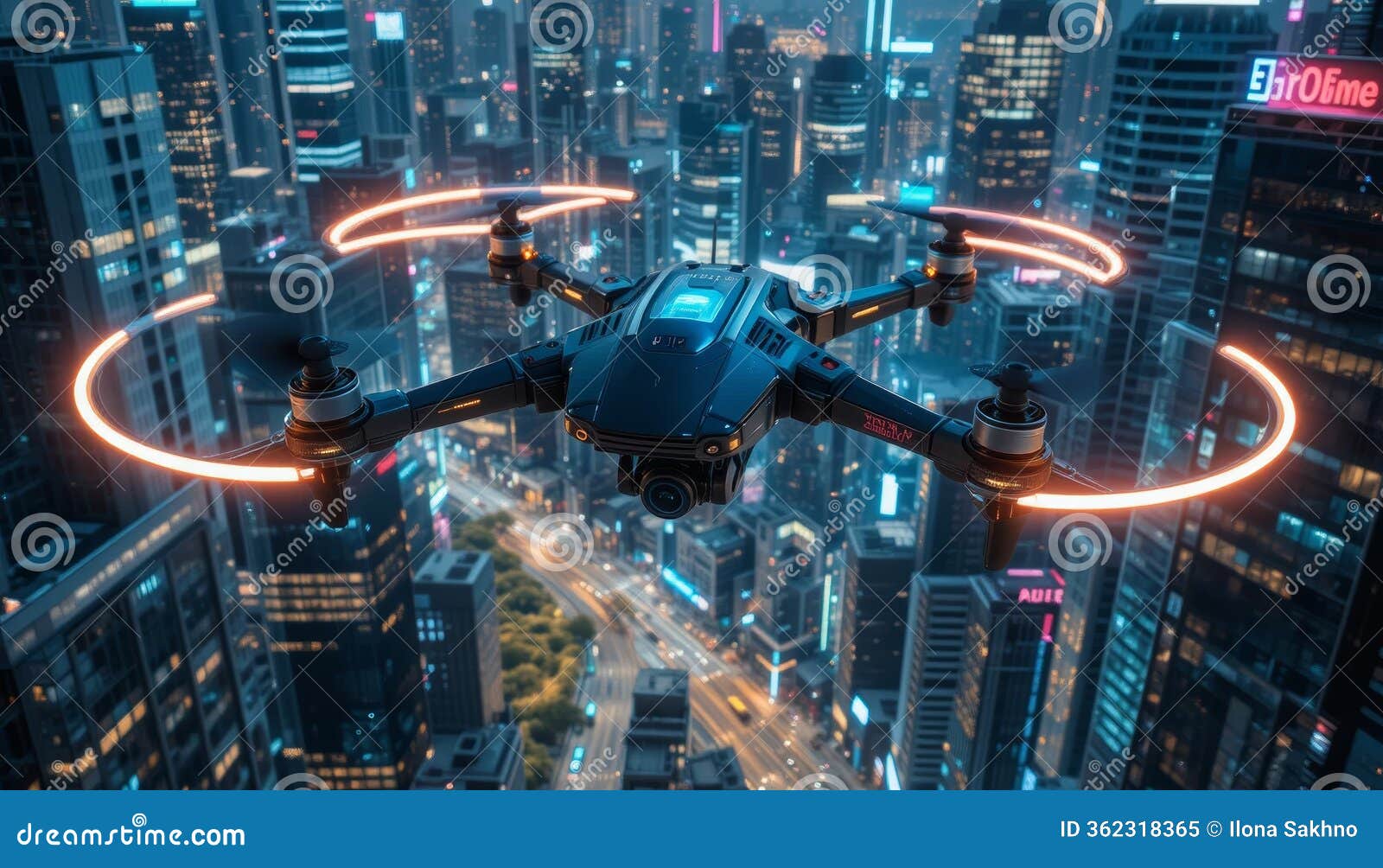 High-tech Drone Flying Over a Cyberpunk Cityscape Stock Image - Image ...
