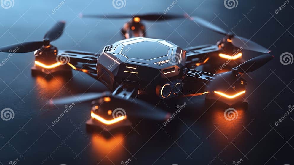 High Tech Drone with Glowing Lights on a Dark Surface, Showcasing ...