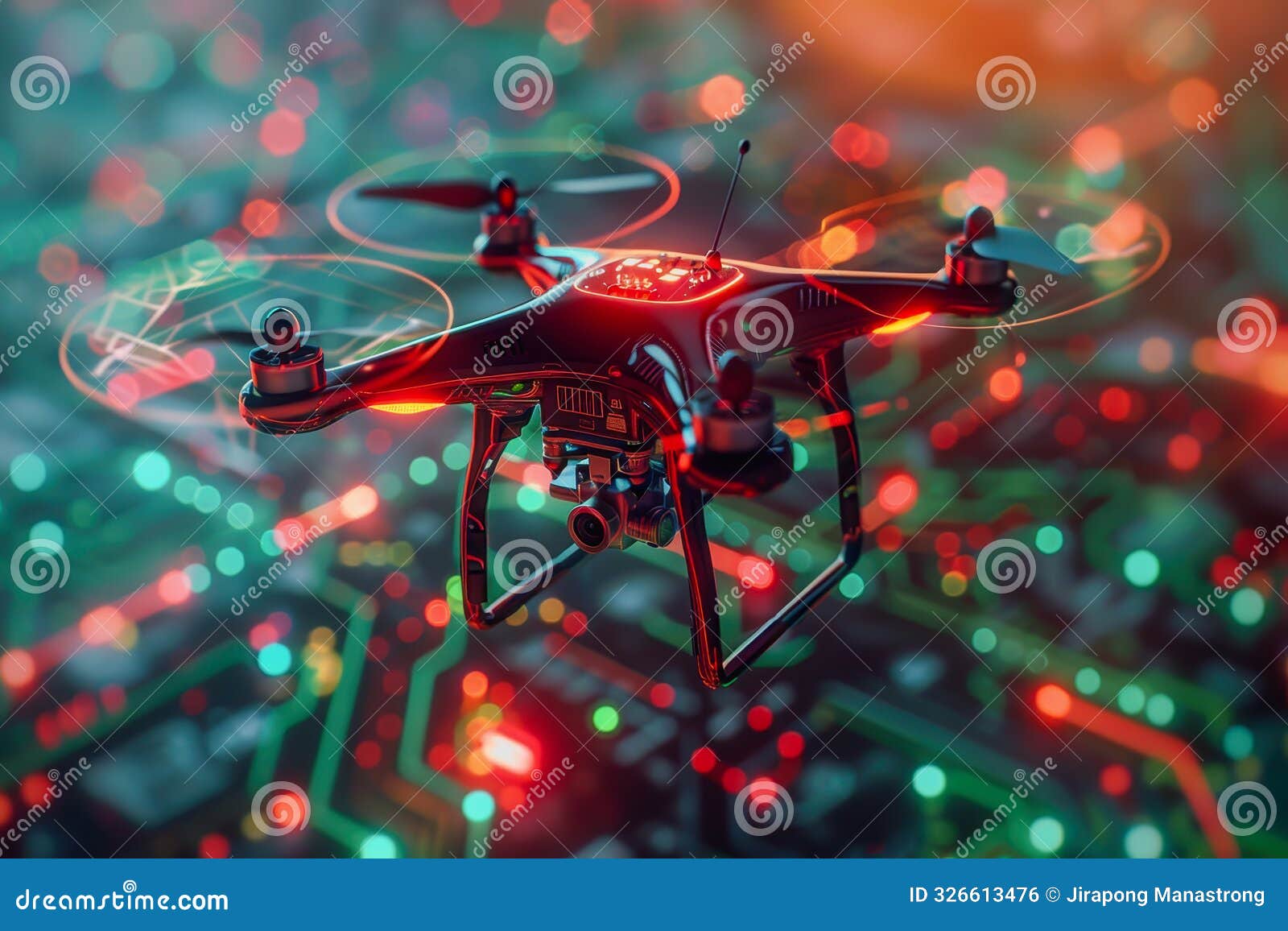 High-tech Drone with Illuminated Circuits and Propeller Over Glowing ...