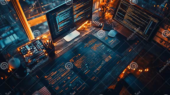 High-tech Dual Monitor Coding Workspace with Glowing Lights Stock Image ...