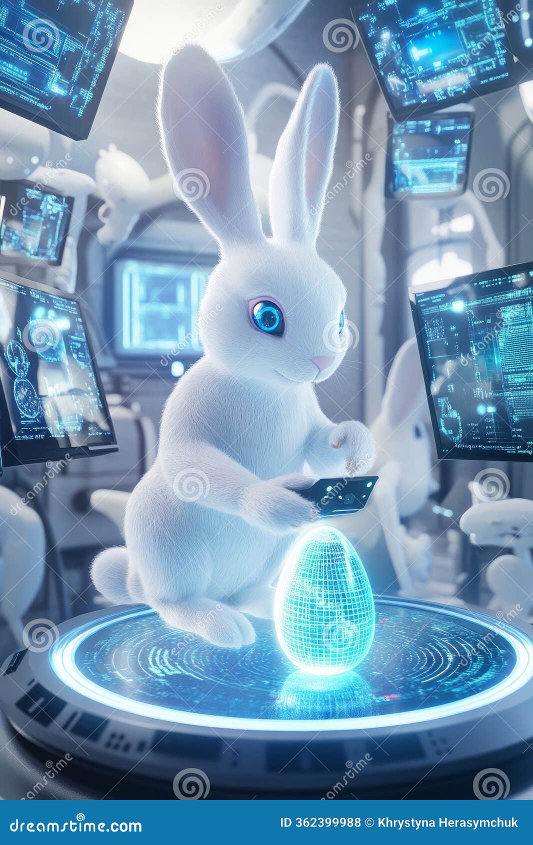 A High-tech Easter Bunny Surrounded by Floating Data Screens, Scanning ...