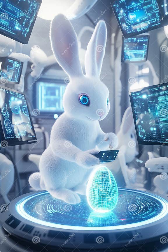 A High-tech Easter Bunny Surrounded by Floating Data Screens, Scanning ...