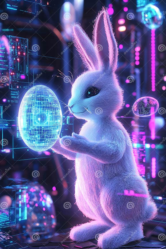 A High-tech Easter Bunny Surrounded by Floating Data Screens, Scanning ...