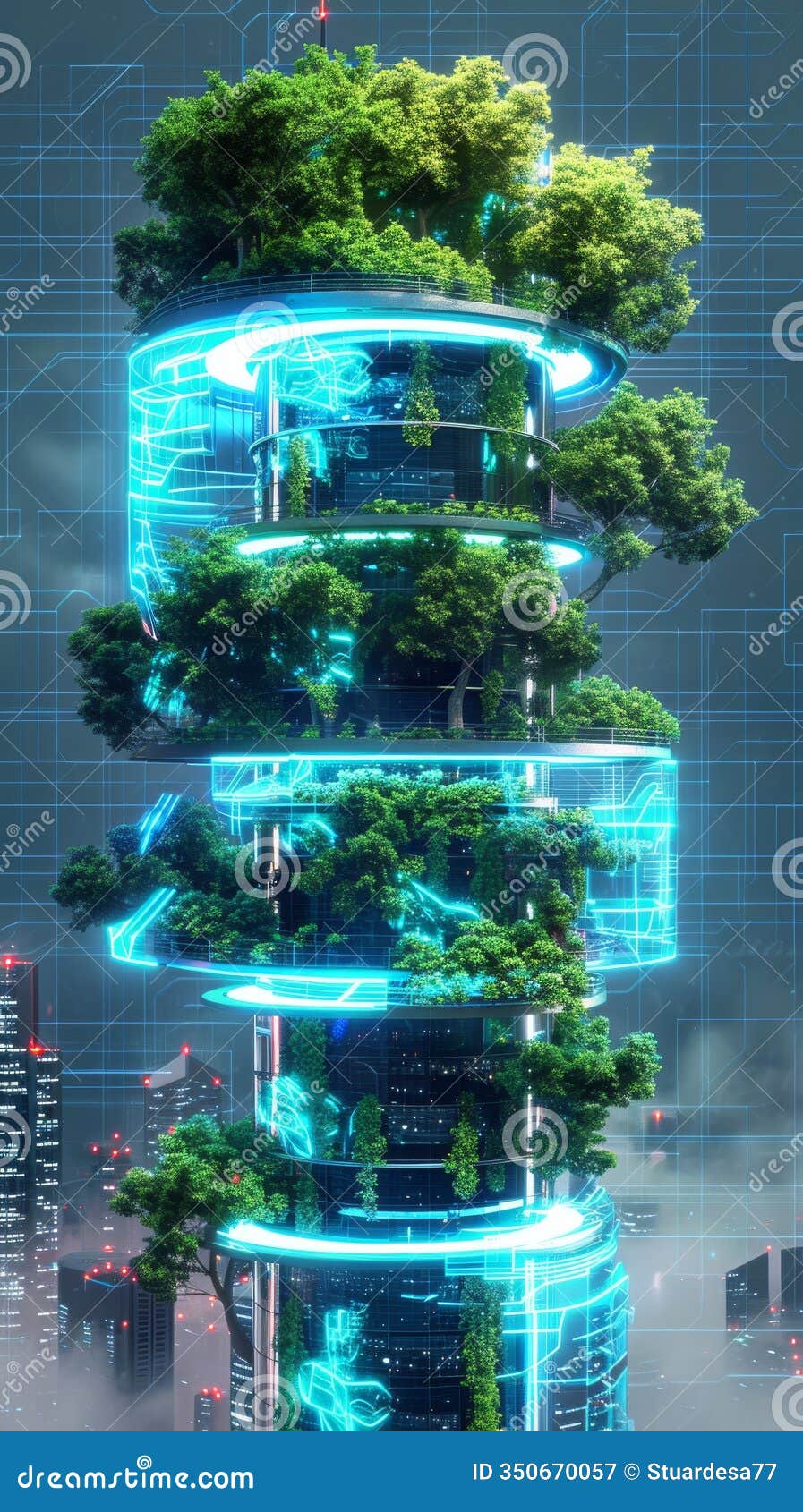 High-tech Eco-tower with Greenery and Neon Technology Features Stock ...