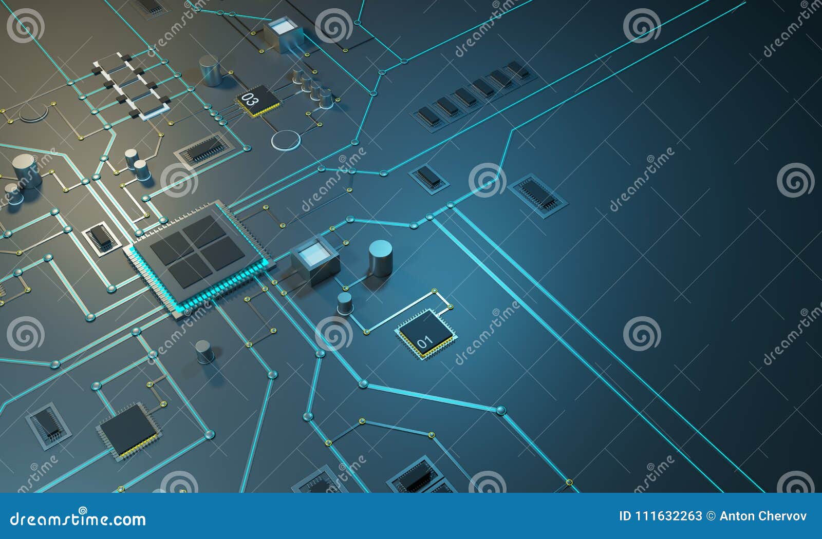 High Tech Electronic PCBwith Processor, Microchips and Glowing Digital ...