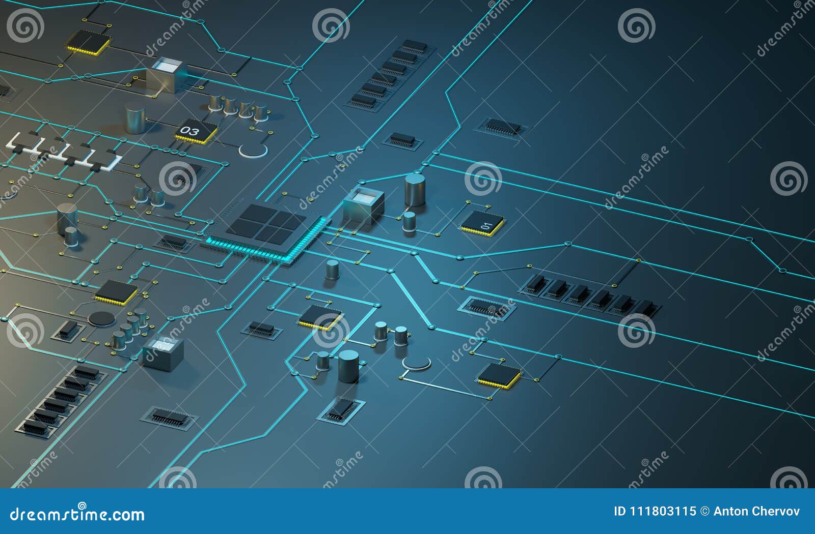 High Tech Electronic PCBwith Processor, Microchips and Glowing Digital ...