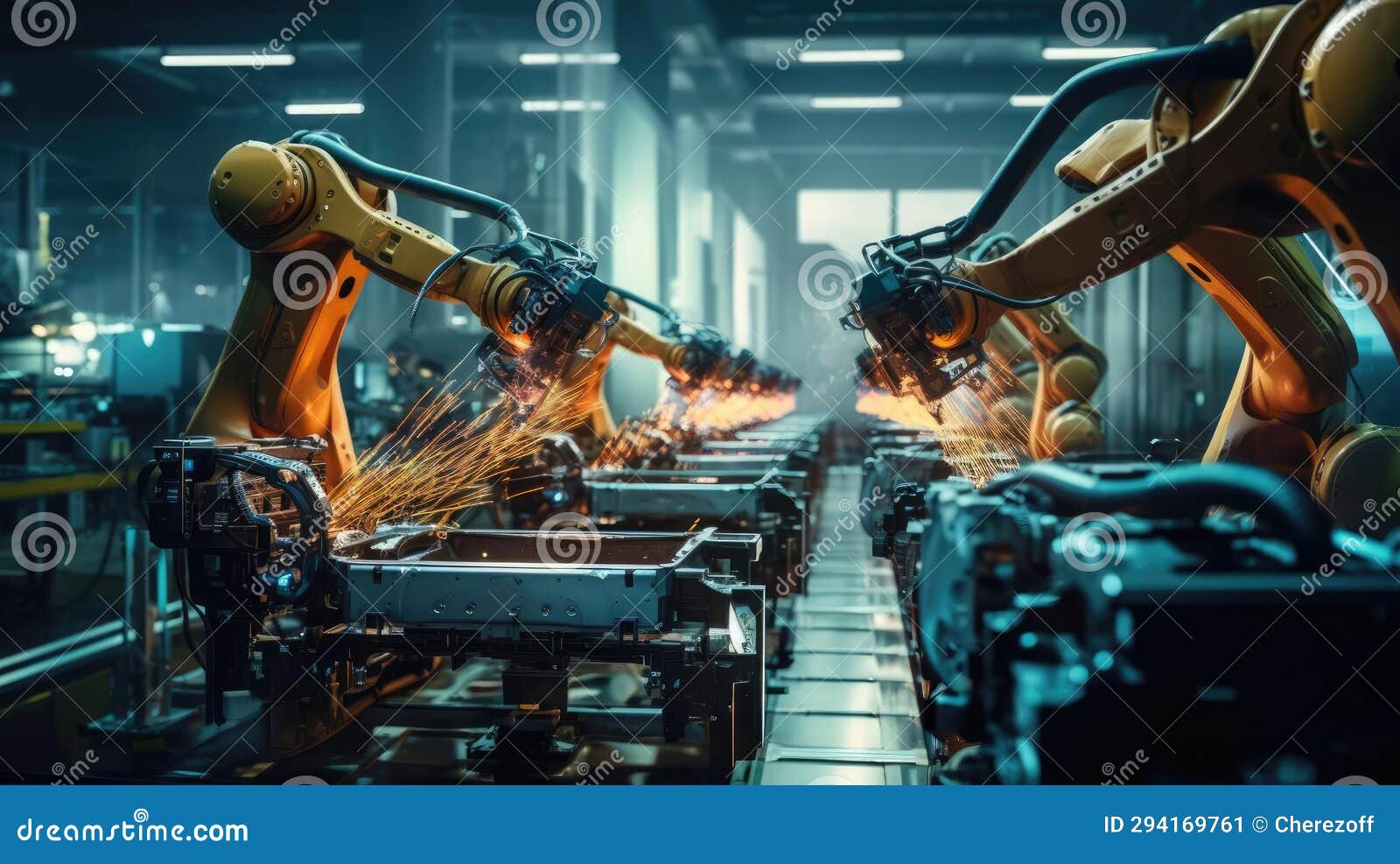 High-tech Factory with Robots Stock Illustration - Illustration of ...
