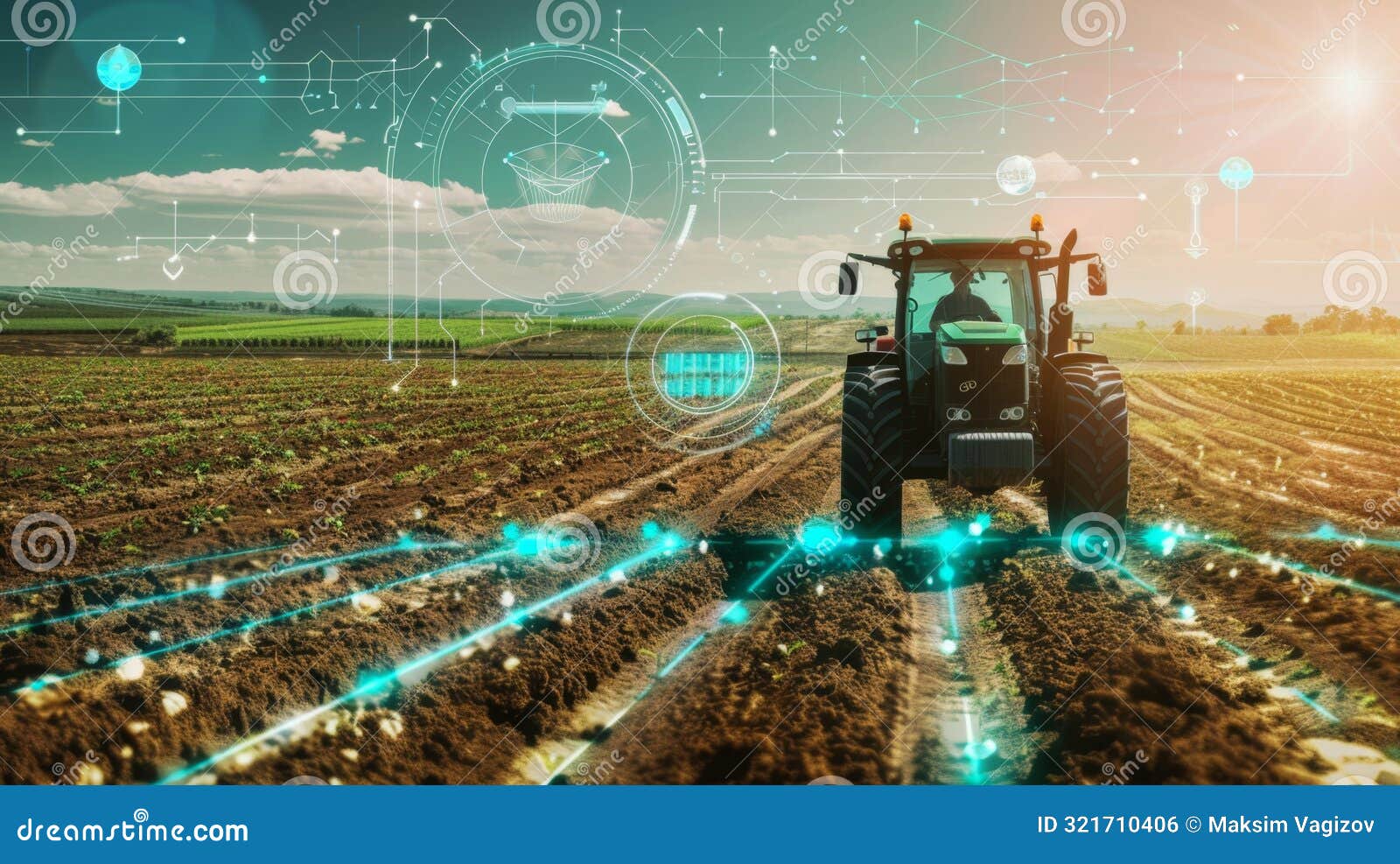 High-Tech Farming Tractor in Field with Digital Interface, Generative ...
