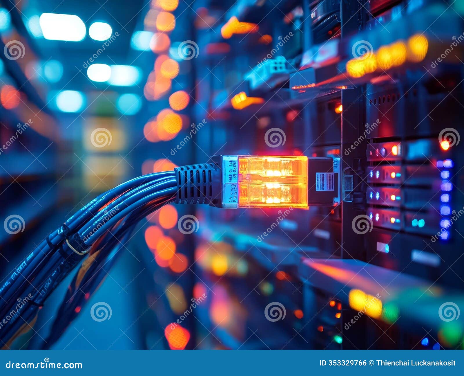 High Tech Fiber Optic Cables Connected To Servers in Data Center Stock ...