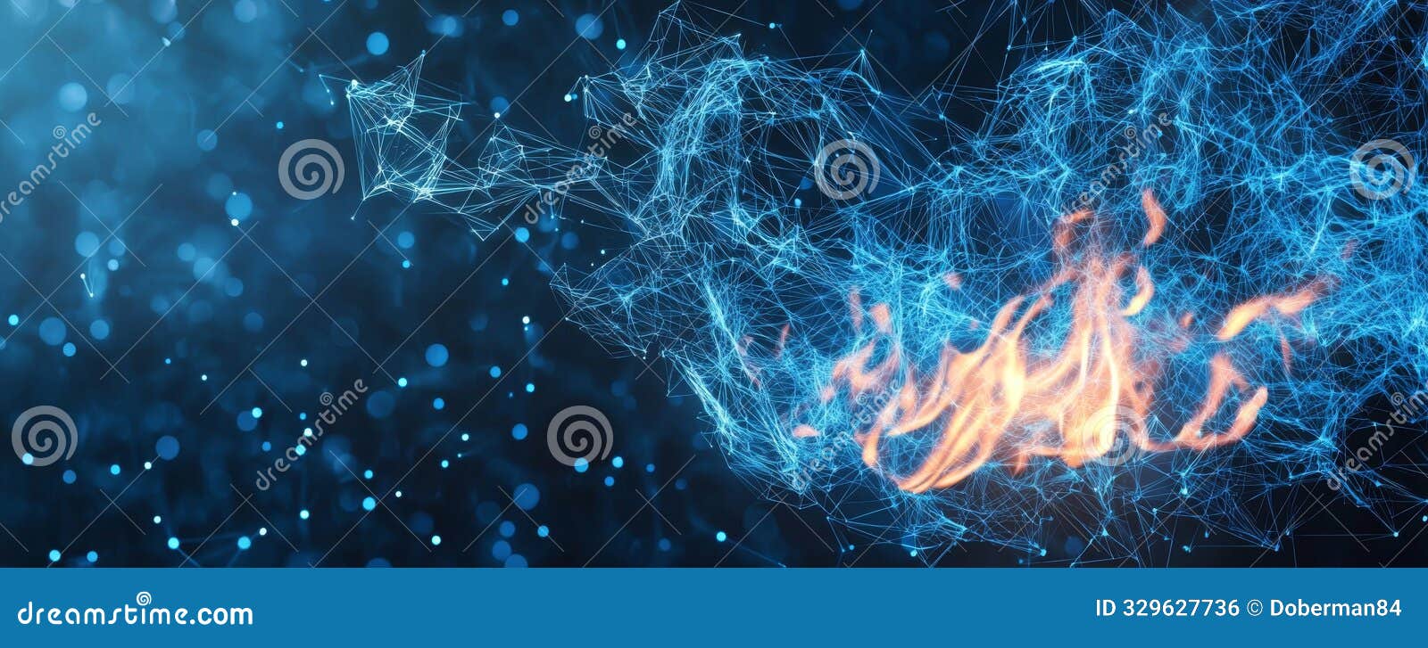 High-tech Firewall Concept with a Digital Wireframe Network and Flames ...