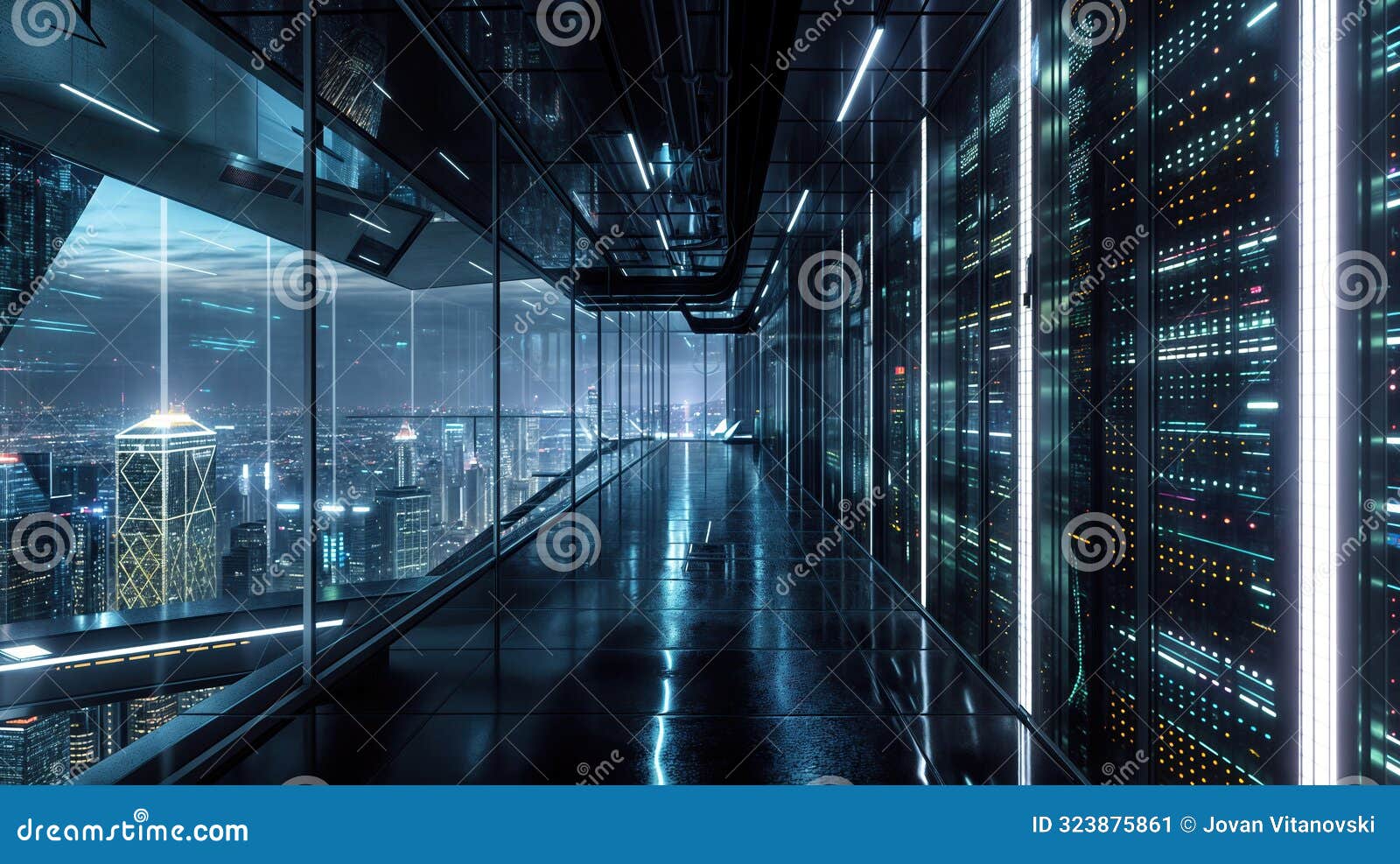 High-tech Futuristic Data Center Interior with Cityscape View at Night ...