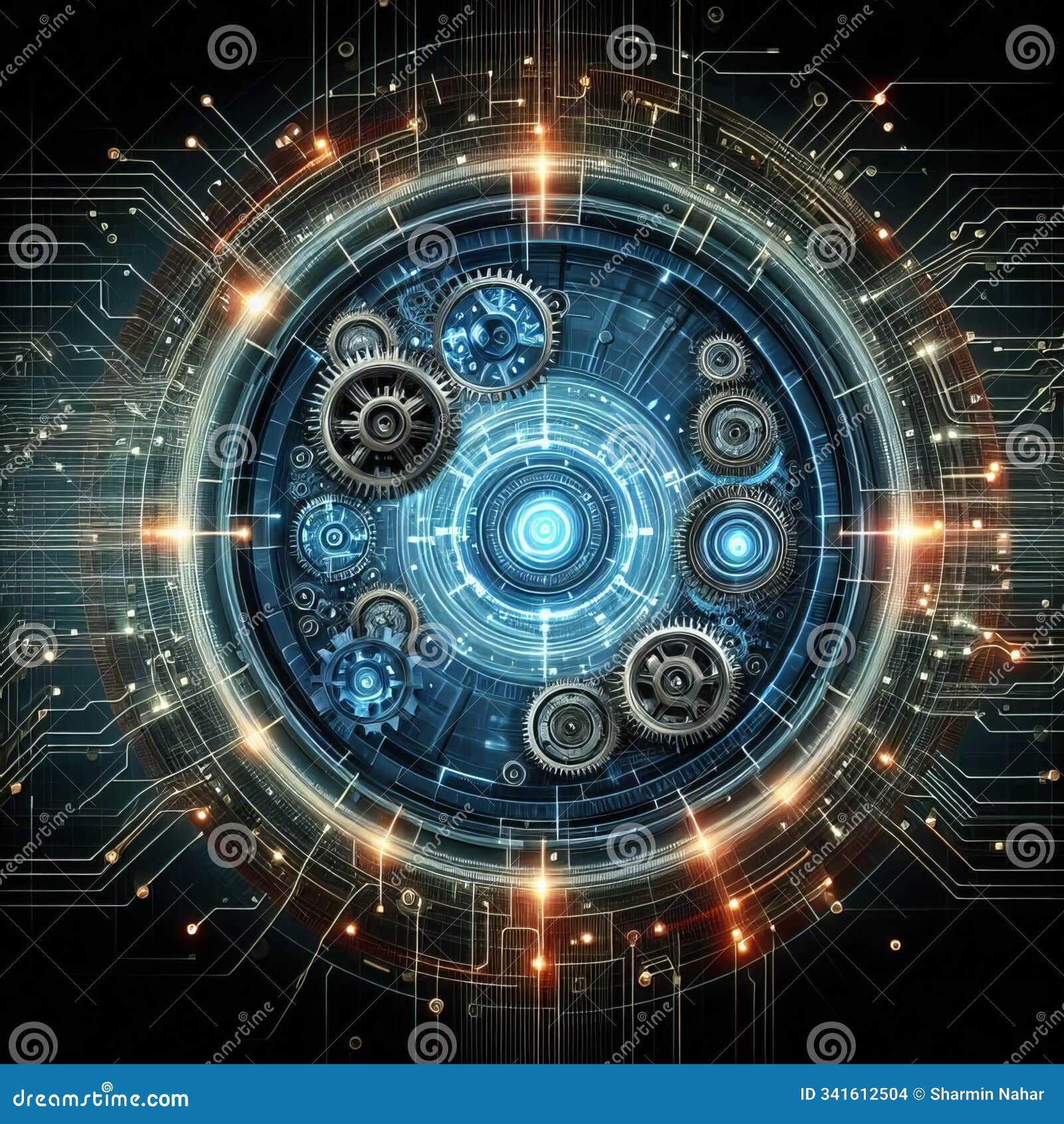 "Futuristic Tech Design Glowing Blue Gears and Circuitry" Stock ...
