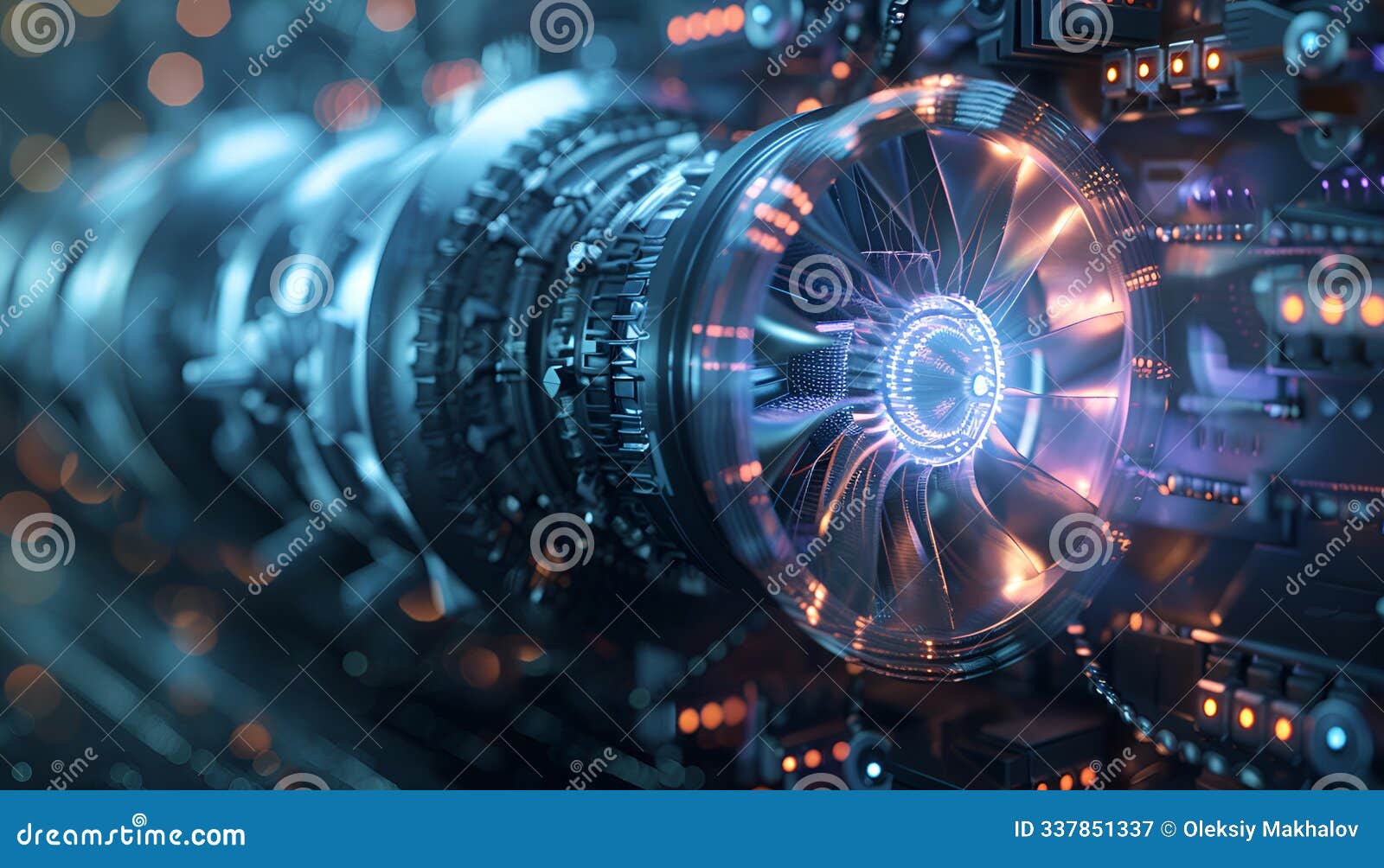 High Tech Futuristic Turbine Engine with Fans, Wires, Connectors in ...