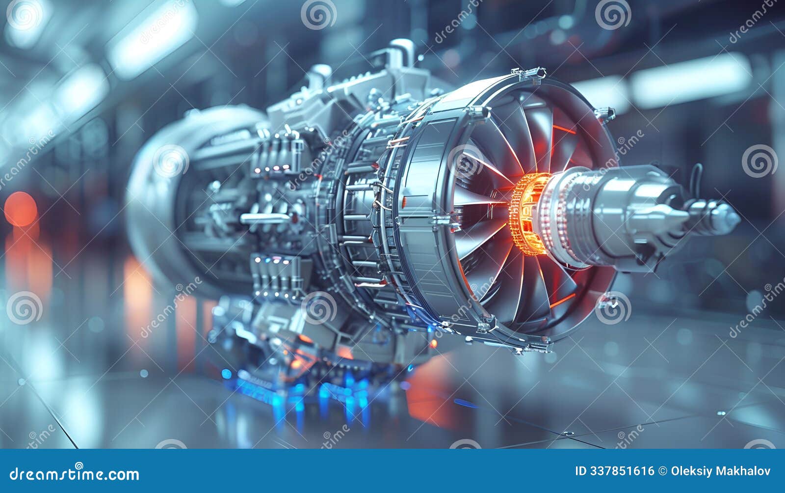 High Tech Futuristic Turbine Engine with Fans, Wires, Connectors in ...