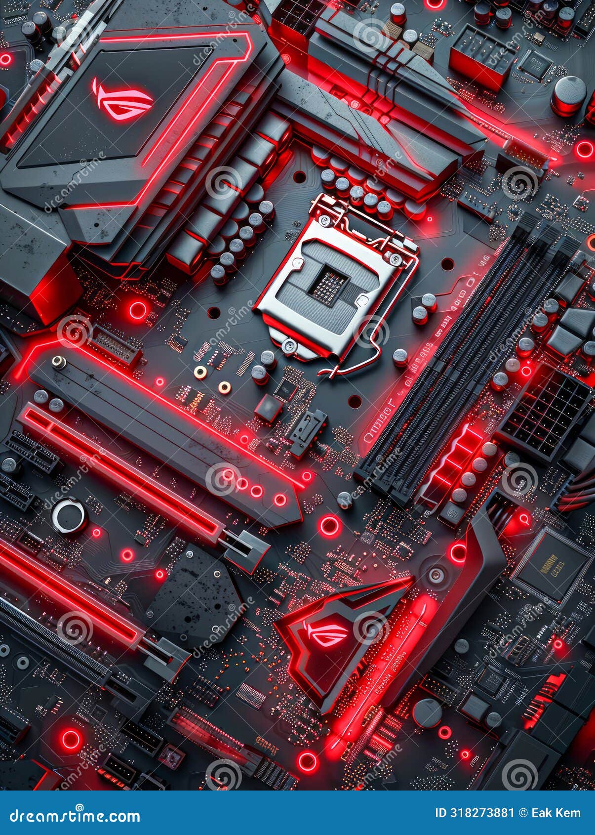 High Tech Gaming Motherboard with Red LED Lighting and Advanced Cooling ...