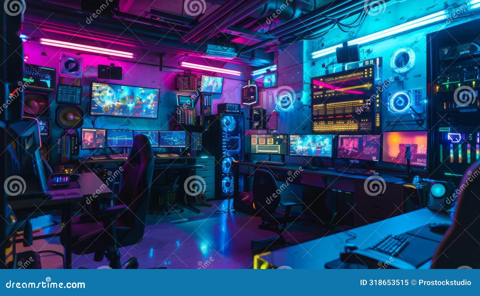 High-Tech Gaming Room with Multiple Computers and Monitors Stock Image ...