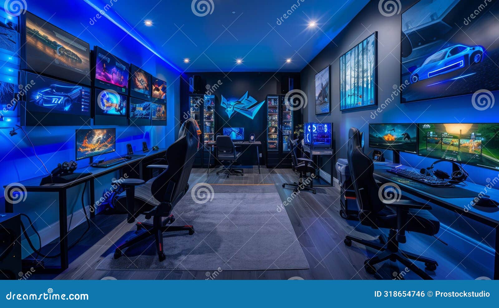 High-Tech Gaming Room with Multiple Computers and Monitors Stock Photo ...