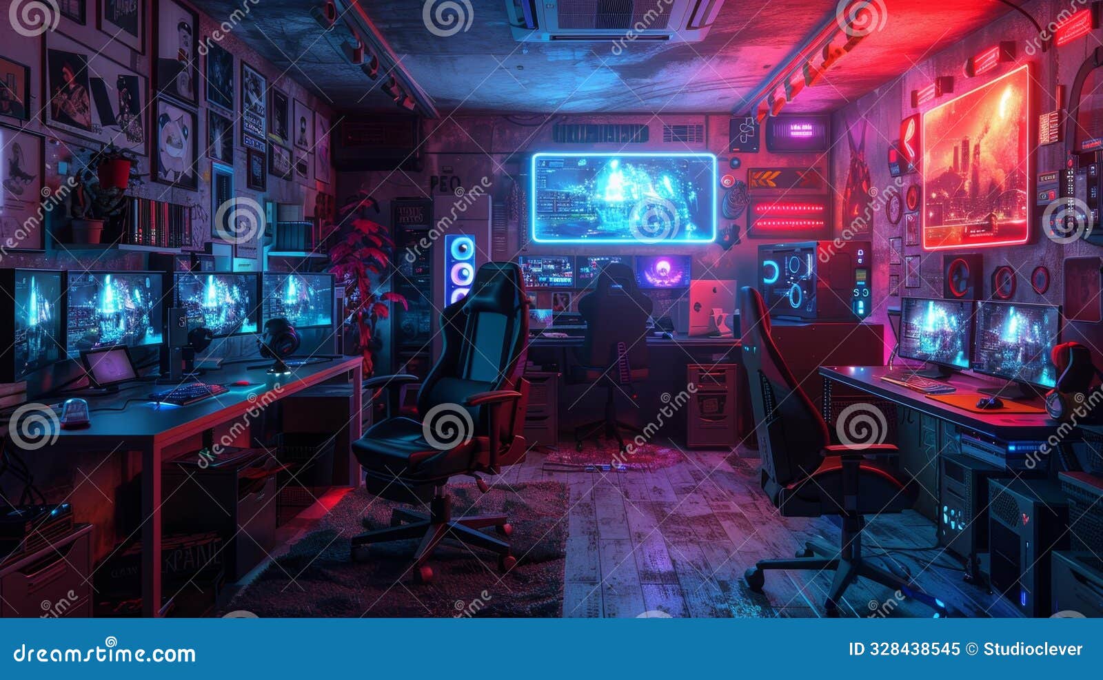 High-tech Gaming Room with Multiple Screens and Neon Lights ...