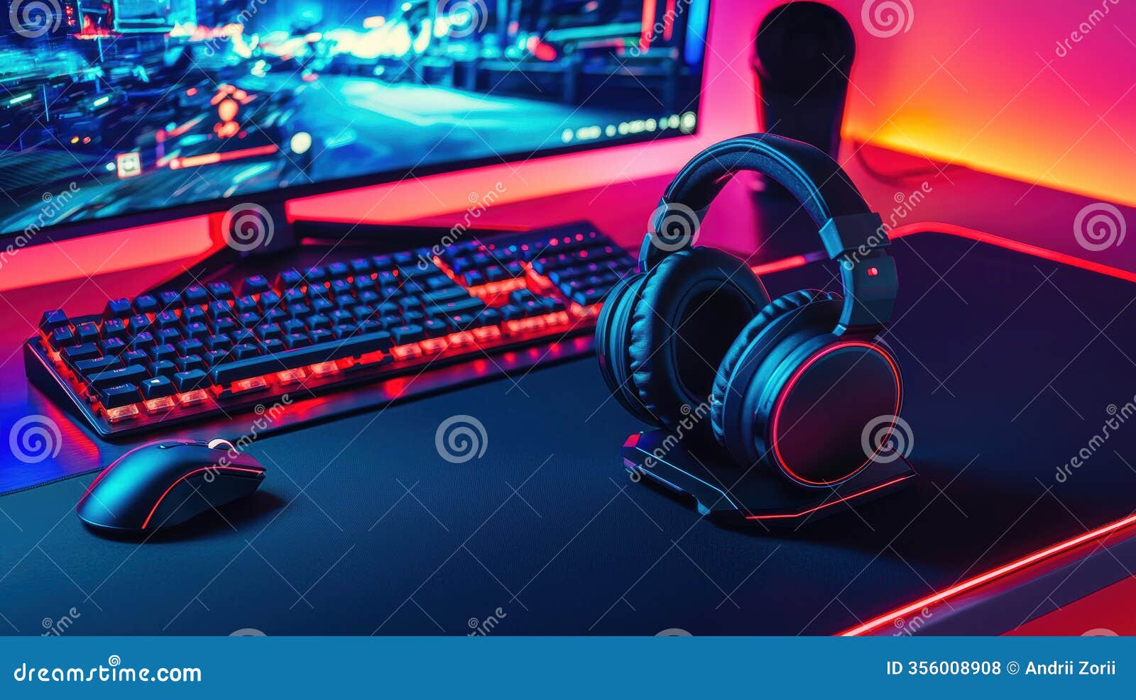 Modern Gaming Setup with Wireless Headset and Neon Lighting for ...