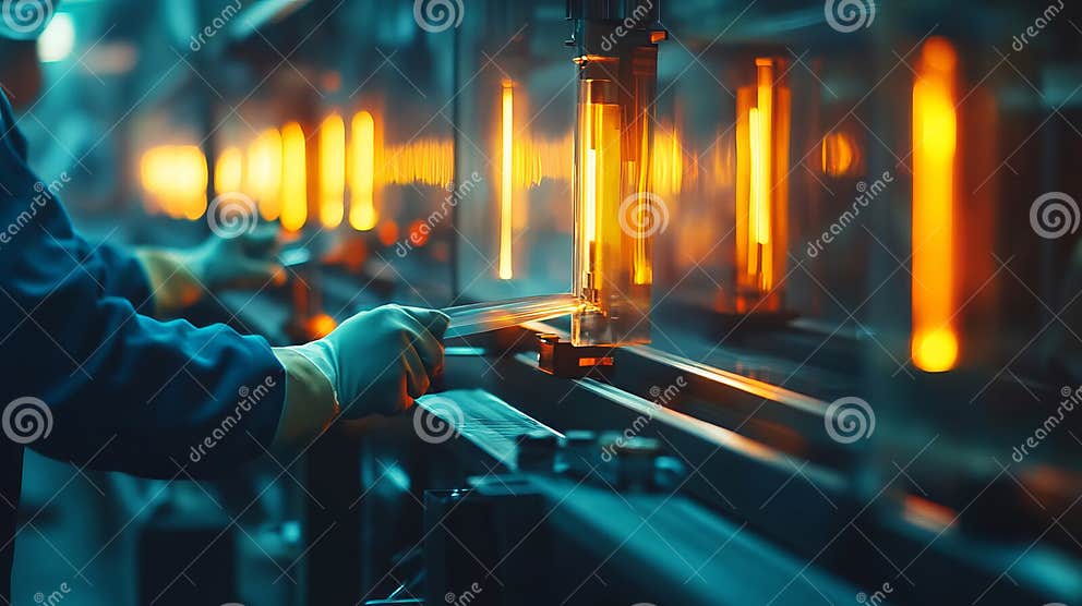 High-Tech Glass Manufacturing Process with Skilled Workers Operating ...