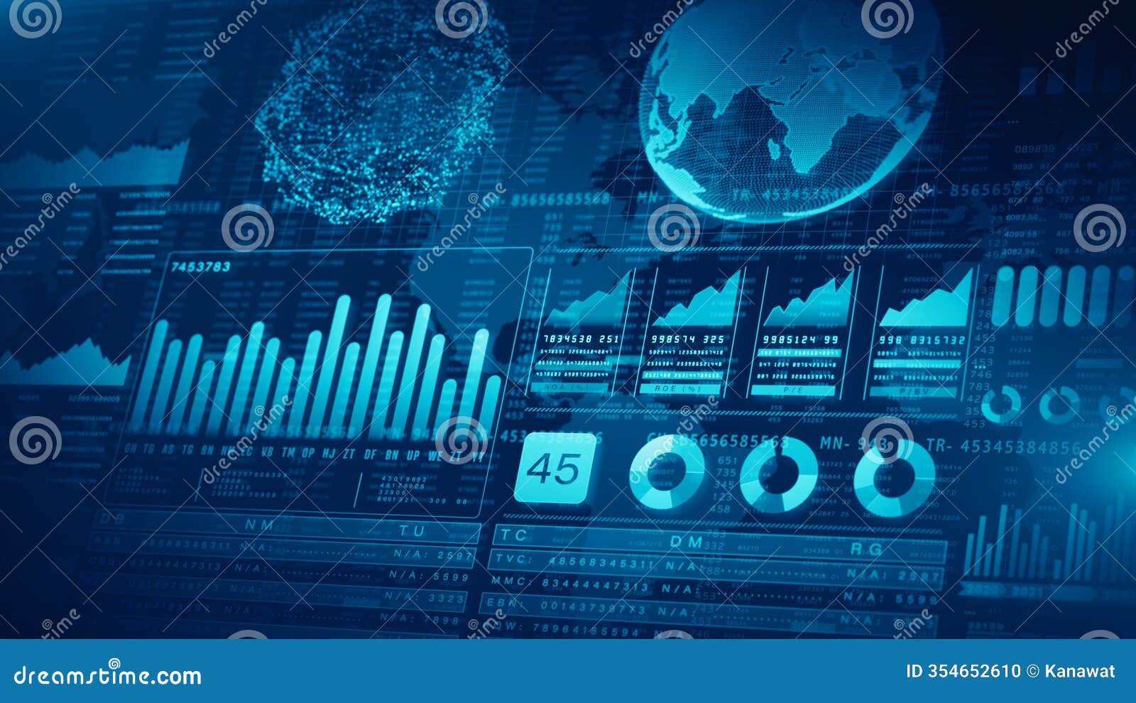 High-tech Global Data Dashboard Analytics, Bar Graphs, World Map ...