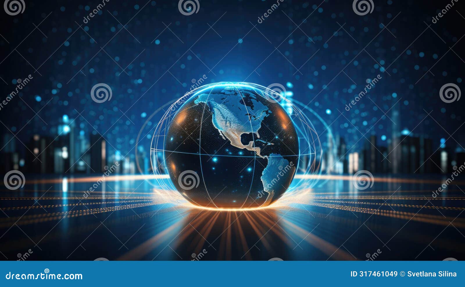 High-tech Globe in Virtual Space, Lines and Data Points Show the World ...