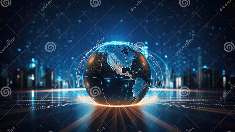 High-tech Globe in Virtual Space, Lines and Data Points Show the World ...