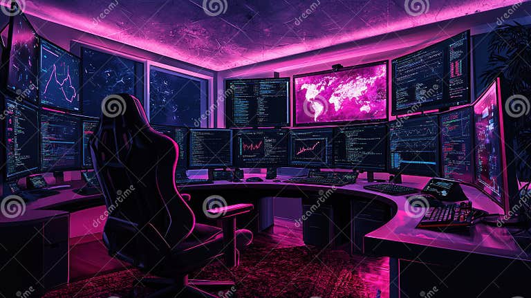High Tech Hacker Lair Featuring Multiple Screens Displaying Data ...