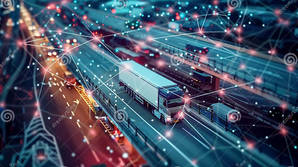 High-tech Highway View Scene. Trucks Move Along the Road, Above Which ...