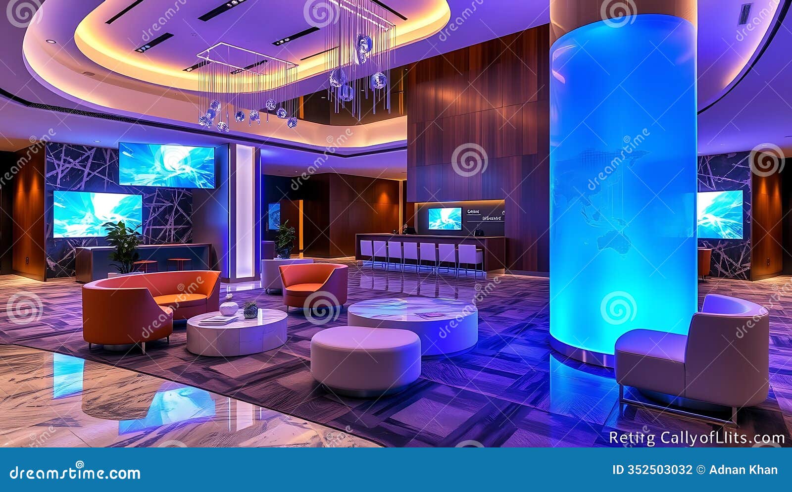 A High Tech Hotel Lobby Featuring Modular Seating Interactive Screens ...