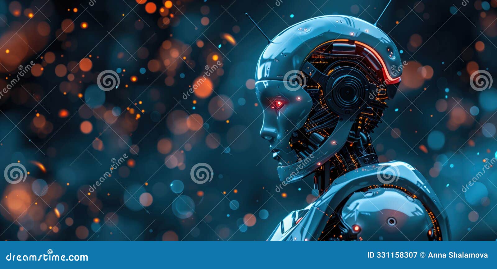 High-tech Humanoid Robot with Glowing Red Eyes in Futuristic Setting ...