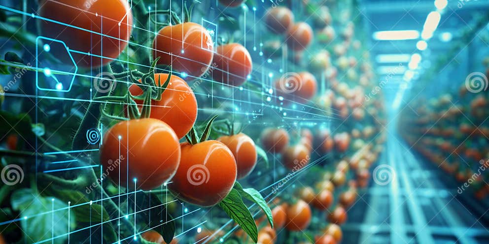 High-tech Indoor Farming of Tomatoes. Digital Data Screens Overlaying ...