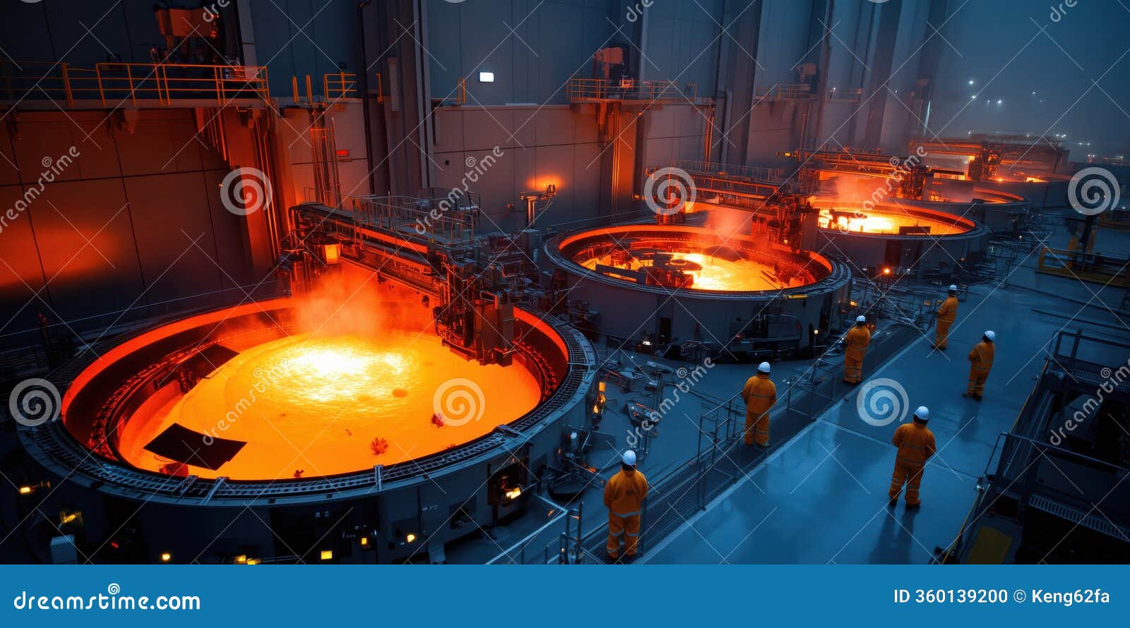 High Tech Industrial Facility with Molten Metal and Workers in Safety ...