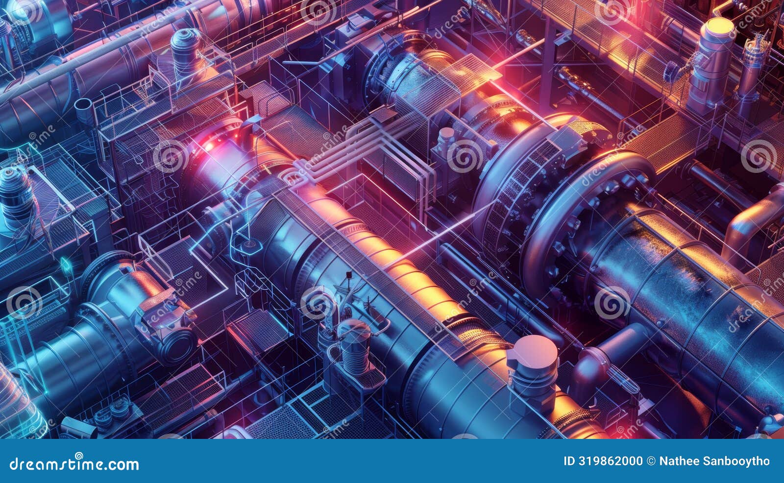 High-tech Industrial Machine with Interconnected Pipes and Glowing ...