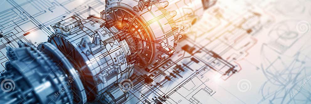 High-tech Industrial Machine Part on a Detailed Technical Drawing ...