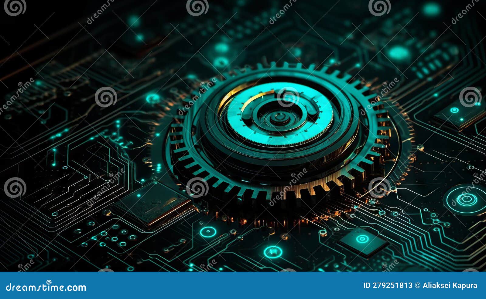 High-Tech Integration: Gear Wheel on Circuit Board Illustration ...