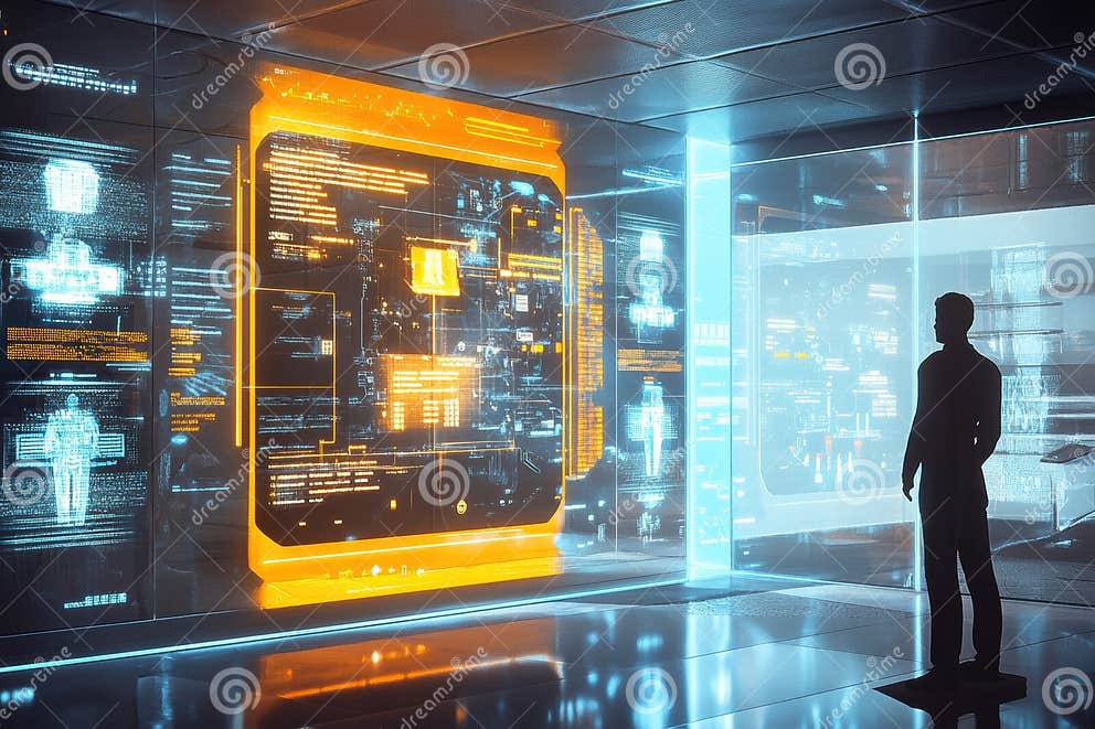 High Tech Interface Displayed in a Modern Control Room with a User ...