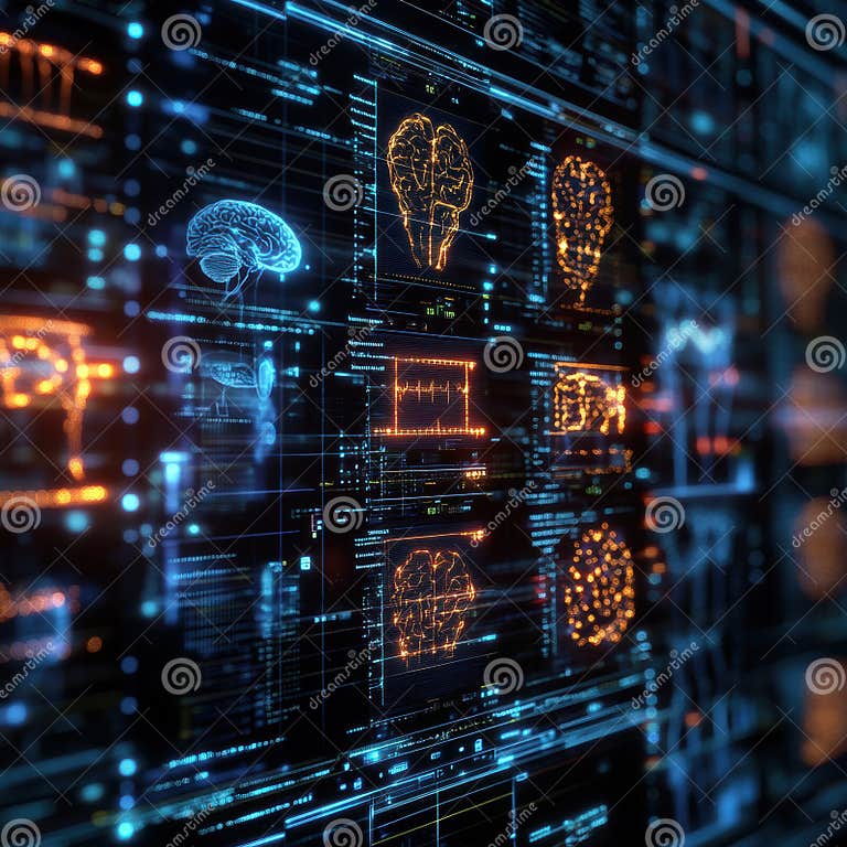 High-tech Interface Displaying Brain Data and Neural Network Analysis, Illustrating Advanced AI ...